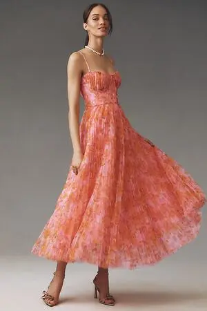 HUTCH Hutch Amara Corset Pleated Tulle Fit & Flare Midi Dress Orange Pattern