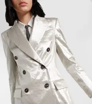 Brunello Cucinelli Double-breasted Metallic Linen-blend Blazer - Silver