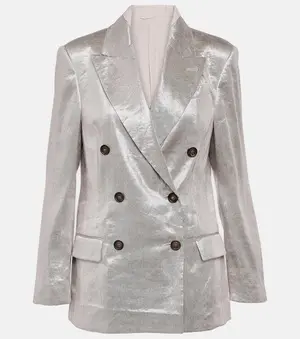 Brunello Cucinelli Double-breasted Metallic Linen-blend Blazer - Silver