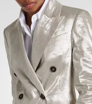 Brunello Cucinelli Double-breasted Metallic Linen-blend Blazer