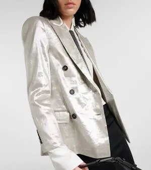 Brunello Cucinelli Double-breasted Metallic Linen-blend Blazer - Silver