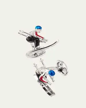 JAN LESLIE Sterling Silver Enamel Moving Skier Cufflinks - One-color