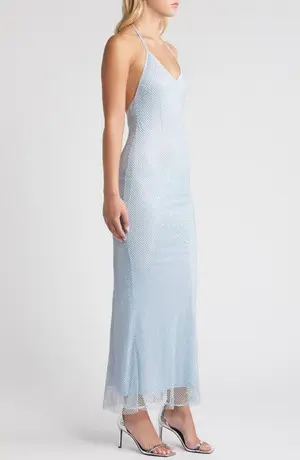 RARE LONDON Diamante Mesh Halter Neck Gown