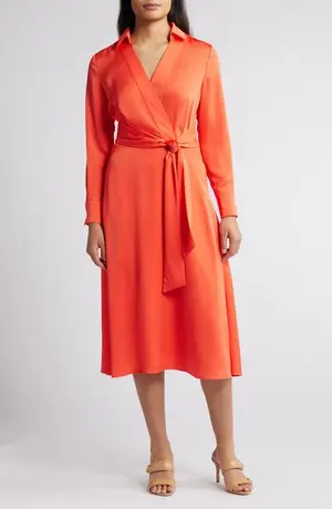 TAHARI ASL Long Sleeve Wrap Front Midi Shirt Dress