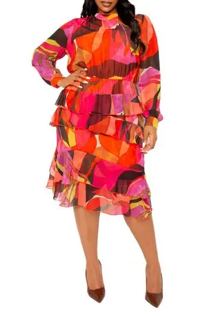 BUXOM COUTURE Long Sleeve Tiered Dress