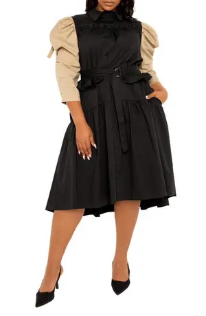 BUXOM COUTURE Contrast Puff Sleeve Poplin Dress