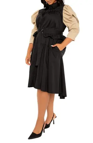 BUXOM COUTURE Contrast Puff Sleeve Poplin Dress