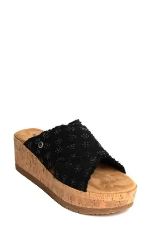 Minnetonka Posey Platform Wedge Slide Sandal - Black Distressed Denim