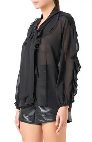 Endless Rose Sheer Ruffle Tie Shirt