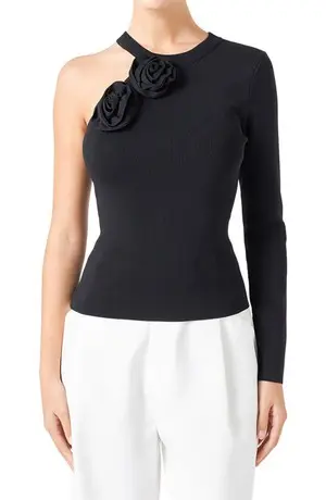 Endless Rose One-shoulder Rib Top - Black