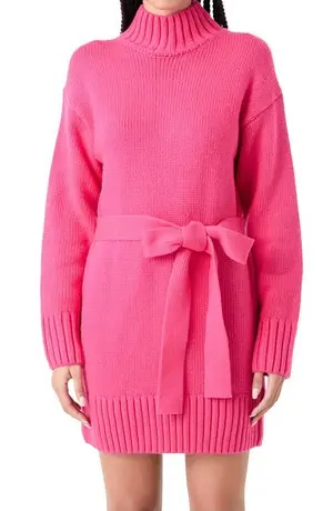 GREY LAB Tie Belt Long Sleeve Sweater Mini Dress