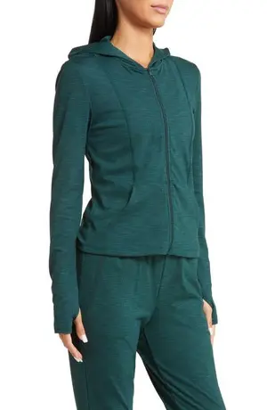 Beyond Yoga Heather Rib Zip-up Hooded Jacket - Midnight Green Heather Rib