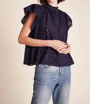 Trovata Carla High Neck Shirt In Inkwell Eyelet - Blue