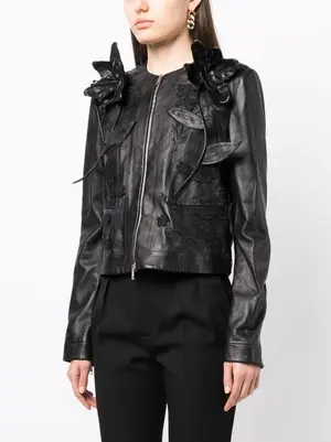 Elie Saab Floral-embroidered Leather Jacket