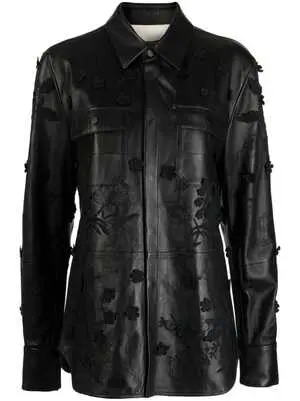 Elie Saab Floral-embroidered Leather Shirt Jacket
