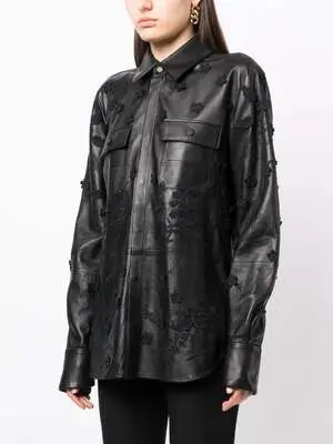 Elie Saab Floral-embroidered Leather Shirt Jacket