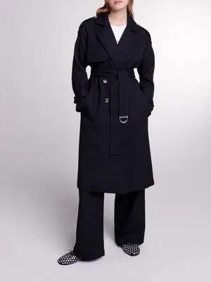 Maje Tweed Trench Coat - Black