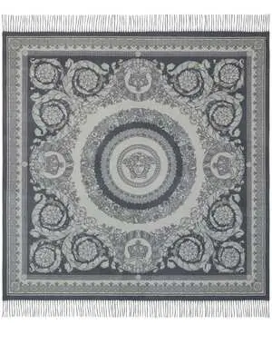 Versace Crete De Fleur-pattern Fringed Blanket - Grey