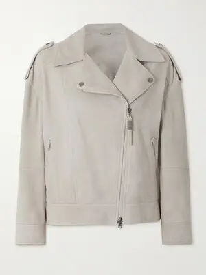 Brunello Cucinelli Bead-embellished Suede Biker Jacket