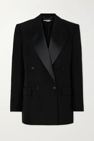 Stella McCartney Double-breasted Grain De Poudre Wool Blazer With Satin Trim
