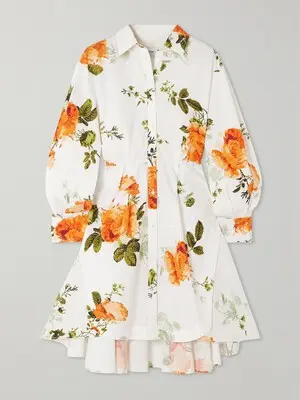 Erdem Asymmetric Pleated Floral-print Mini Shirt Dress - White