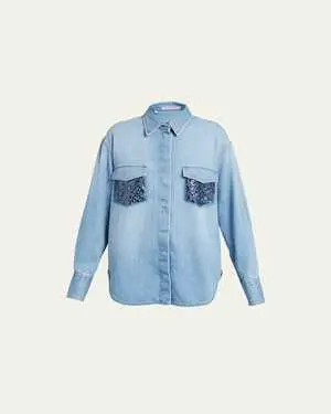Valentino Garavani Beaded Pocket Long-Sleeve Collared Chambray Shirt - Lt Denim
