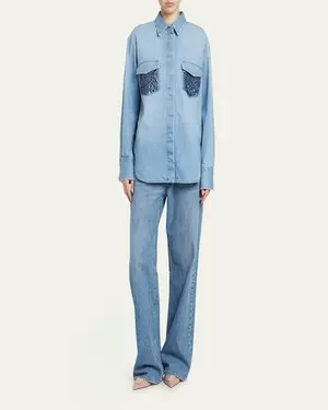 Valentino Garavani Beaded Pocket Long-sleeve Collared Chambray Shirt