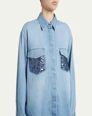 Valentino Garavani Beaded Pocket Long-sleeve Collared Chambray Shirt