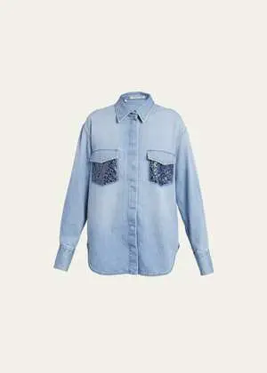 Valentino Garavani Beaded Pocket Long-sleeve Collared Chambray Shirt