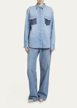 Valentino Garavani Beaded Pocket Long-sleeve Collared Chambray Shirt