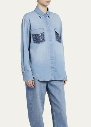 Valentino Garavani Beaded Pocket Long-sleeve Collared Chambray Shirt