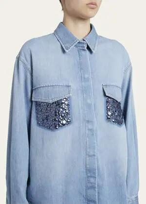 Valentino Garavani Beaded Pocket Long-sleeve Collared Chambray Shirt