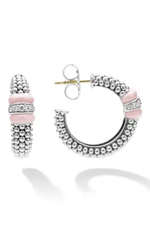 Lagos Pink Caviar Diamond Hoop Earrings - Silver