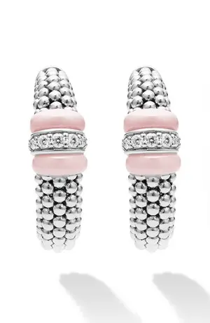 Lagos Pink Caviar Diamond Hoop Earrings - Silver
