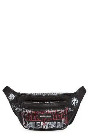 Balenciaga Explorer Canvas Belt Bag With Graffiti Logo In Black