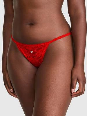 Pink Lace V-string Panty - Red
