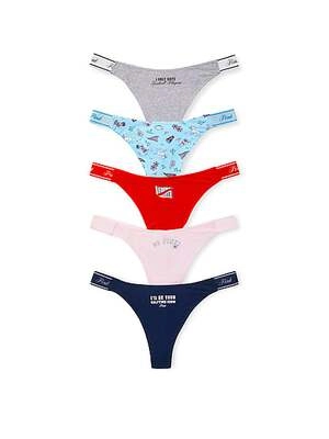 Pink 5-pack Logo Cotton High-leg Thong Panties - Print