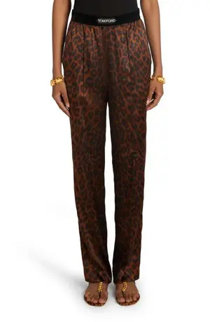 TOM FORD Reflected Leopard Print Stretch Silk Pajama Pants - Dark Brown
