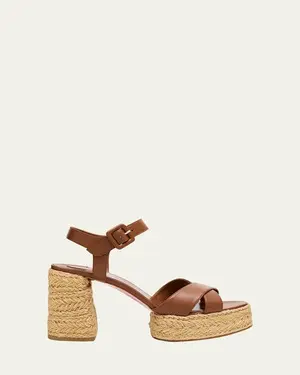 CHRISTIAN LOUBOUTIN 70mm Calakala Leather Espadrille Sandals - Medium Brown