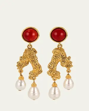 BEN-AMUN Coral Post Earrings With Pearly Drops - Gold