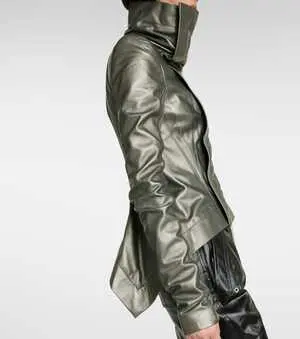 Rick Owens Metallic Leather Biker Jacket In Grey - 50% Off