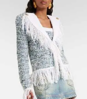 Balmain Fringed Denim Tweed Jacket