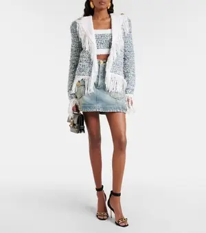 Balmain Fringed Denim Tweed Jacket