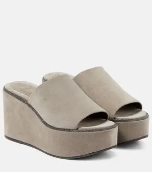 Brunello Cucinelli Suede Platform Slides - Grey