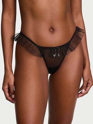 Victoria's Secret Tease Dot Mesh Ruffled Thong Panty Black