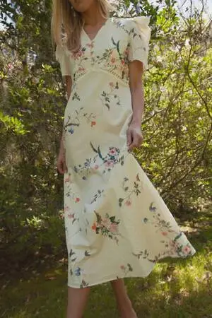 ANNA CATE Elsie Linen Midi Dress In Ivory Floral - Yellow