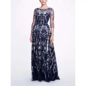 Marchesa ¾ Sleeve Boat Neck Sequin Gown - Blue
