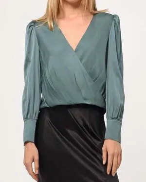 Greylin Lourdes Wrap Front Cuffed Blouse In Deep Sage - Green