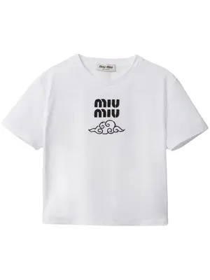 miu miu ロゴ刺繍 Tシャツ ホワイト（今週限定） Miu Miu Logo-Embroidered Cotton T-Shirt - White | Editorialist