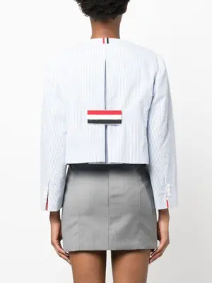 Thom Browne Seersucker Cropped Jacket With Rwb Stripe Detail